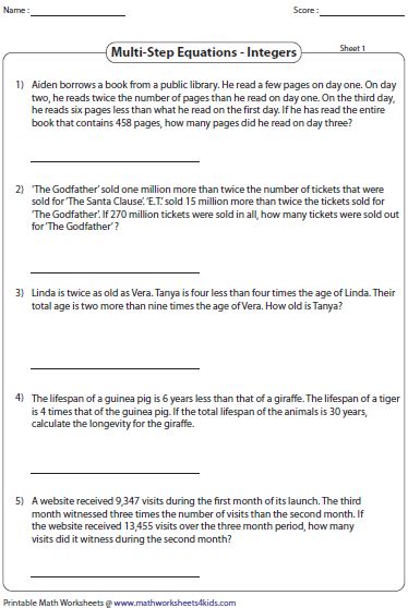 Equation Word Problems Worksheets