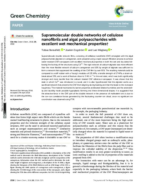 Pdf Supramolecular Double Networks Of Cellulose Nanofibrils And Algal Polysaccharides With