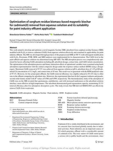 Optimization Of Sorghum Residue Biomass Based Magnetic Biochar For Cadmiumii Removal From