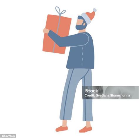 그의 손에 깜짝 선물 상자를 들고 서있는 남자와 메리 크리스마스 개념 분리된 클립아트 요소 벡터 플랫 일러스트레이션 단 5 색 재색하기 쉽습니다 가공의 인물에 대한 스톡