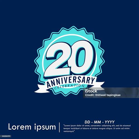 창립 20주년 기념 엠블럼 축하 기념일 블루 메달 로고는 파란색 배경에 리본으로 격리되어 있습니다 웹 배너를 위한 벡터