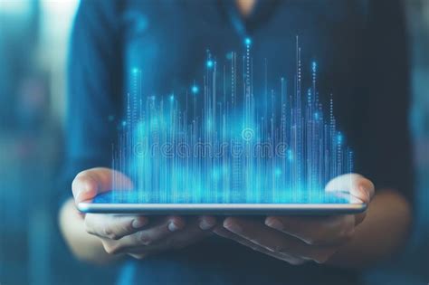 Digital Data Visualization On Tablet Person Holding Device With Glowing Graphs Stock Image