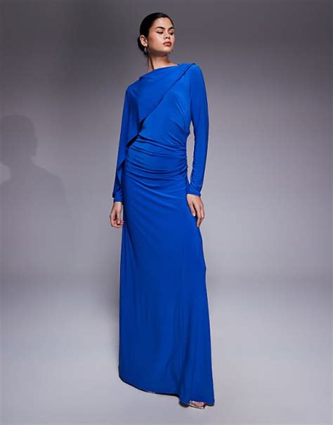 Daska Slinky Cape Detail Maxi Dress In Cobalt Blue Asos