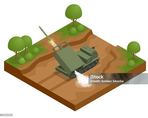 등각 투영 다중 로켓 발사기 아이콘은 흰색에 격리 설정 다중 발사 로켓 시스템은 장갑 자체 추진 여러 로켓 발사기 로켓 포병의 일종이다 육군 미사일에 대한 스톡 벡터 아트