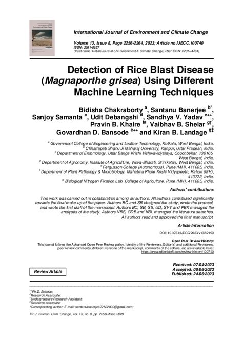 Pdf Machine Learning For Detecting Rice Blast Disease