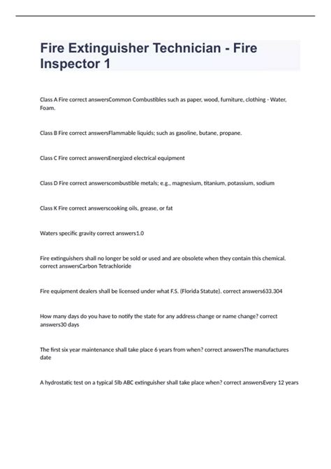 Fire Extinguisher Technician Fire Inspector 1 Exam 2023 With 100 Complete Solutions Fire