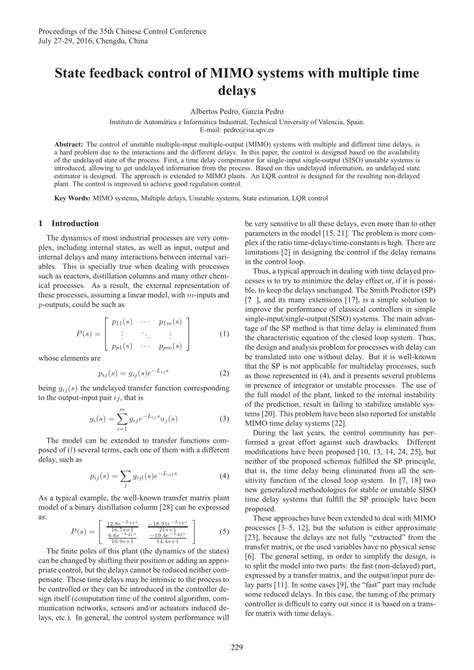 Pdf State Feedback Control Of Mimo Systems With Multiple Time Delays