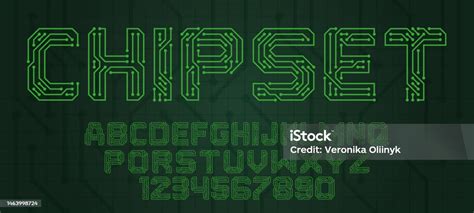 디지털 칩 회로 글꼴 기술 타이포그래피 알파벳 문자 및 숫자는 회로 기판 트랙으로 양식화되었습니다 Pcb 기술 및 컴퓨터 공학 레터링 벡터 세트 개체 그룹에 대한 스톡 벡터