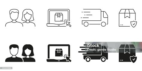 전자 상거래 온라인 상점 라인 및 실루엣 아이콘 세트 인터넷 슈퍼마켓 기호 컬렉션에서 주문하십시오 특급 배송 픽토그램 배달 상자