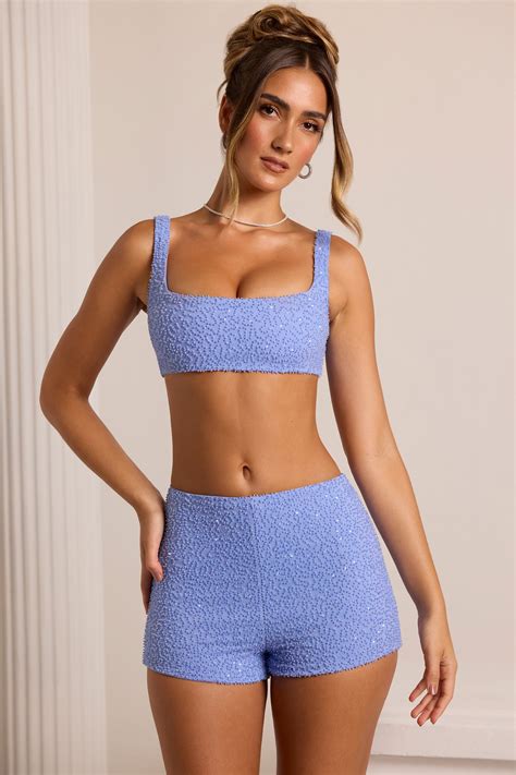 Chambord Embellished High Waist Hot Pant Shorts In Powder Blue Oh Polly