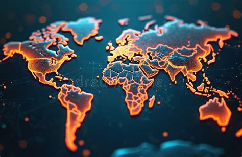 Detailed World Map Illustration Featuring Glowing Lights Lines Represent Global Connectivity