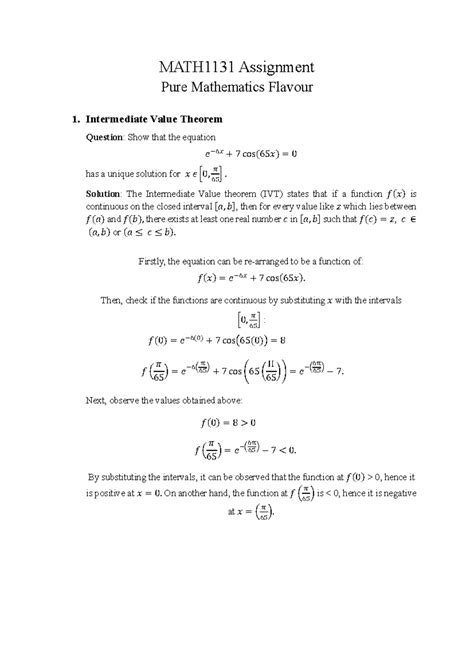 Math 1131 Assignment Math1131 Assignment Pure Mathematics Flavour 1