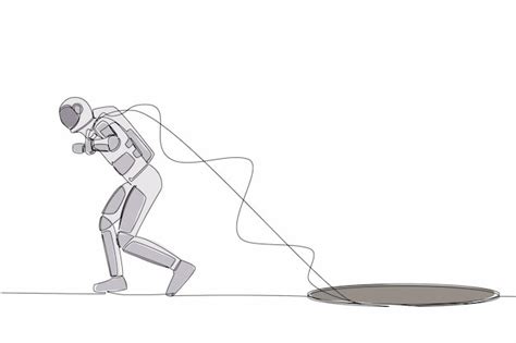 Premium Vector Continuous One Line Drawing Astronaut Trying Hard To Pull The Rope To Drag