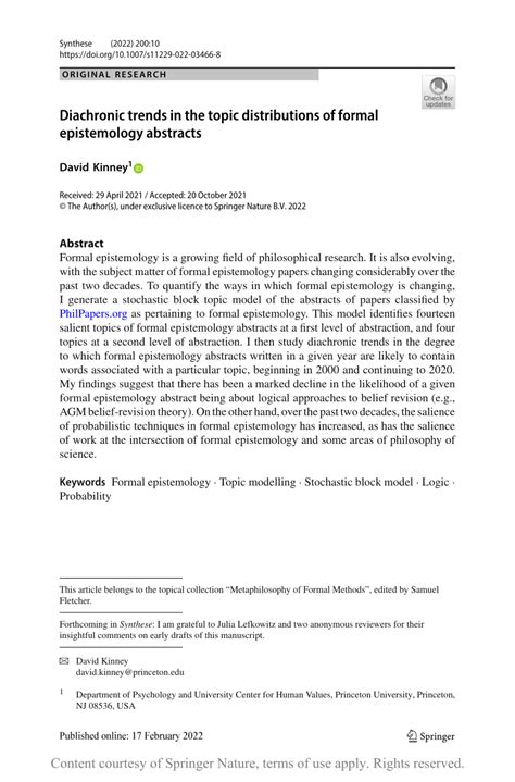 Diachronic Trends In The Topic Distributions Of Formal Epistemology Abstracts