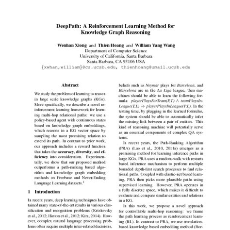 Deeppath A Reinforcement Learning Method For Knowledge Graph Reasoning