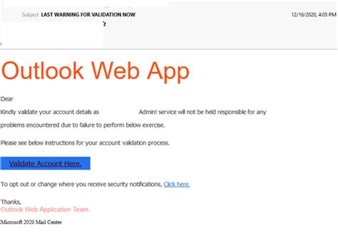 Dont Click Phishing Email Sent Supposedly From Outlook Web Application Delivers “last Warning