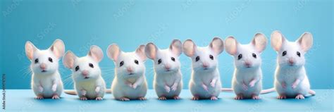 Seven Adorable White Mice On Pastel Blue Background Cartoon Style