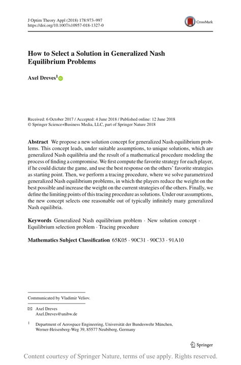 How To Select A Solution In Generalized Nash Equilibrium Problems Request Pdf