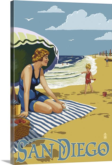 San Diego California Beach Scene Retro Travel Poster Great Big Canvas