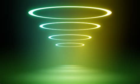 네온 배경 개념입니다 디스코 네온 불빛 배경 3d 렌더링 녹색과 노란색 둥근 네온 불빛이 빈 방에 있습니다 어두운 방의 바닥 표면 위에 둥근 네온 램프 젖은 바닥에 반사되는