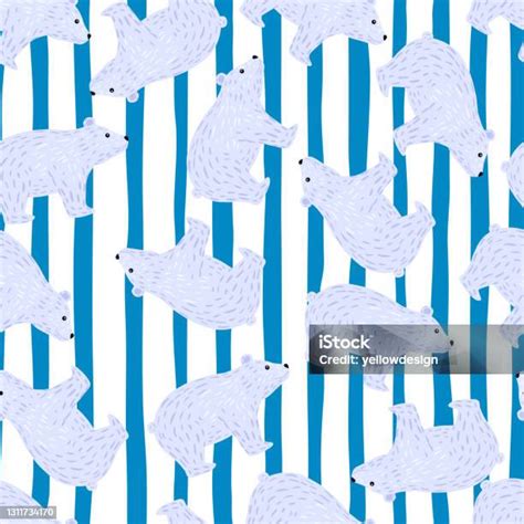 간단한 북극곰 실루엣 장식과 추상적 인 무작위 원활한 패턴 스트라이프 블루 배경 0명에 대한 스톡 벡터 아트 및 기타 이미지