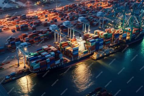 Premium Ai Image Dynamic Container Ship Operations At Bustling International Freight Port