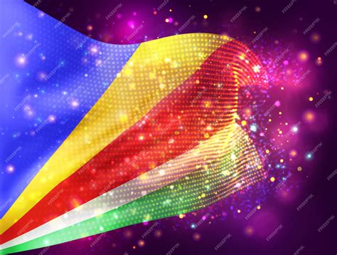 세이셸 조명 및 플레어가 있는 분홍색 보라색 배경의 벡터 3d 플래그 프리미엄 벡터