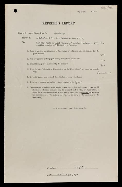 Referees Report By Meredith Gwynne Evans On A Paper The Molecular Orbital Theory Of Chemical