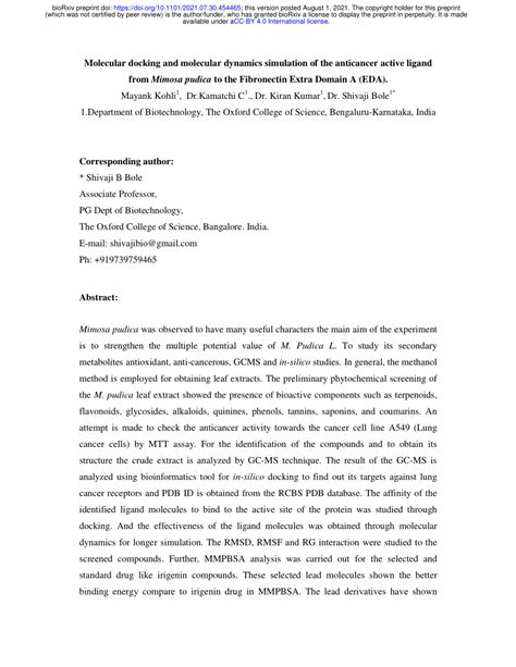 Pdf Molecular Docking And Molecular Dynamics Simulation Of The Anticancer Active Ligand From