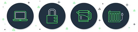 라인 안전 콤비네이션 잠금 장치 전기 주전자 노트북 및 난방 라디에이터 아이콘을 설정합니다 벡터 노트북에 대한 스톡 벡터 아트