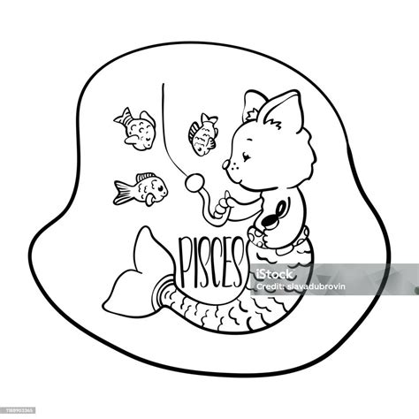 귀여운 고양이 캐릭터와 물고기 자리 점성술 조디악 기호 흰색 배경에 물고기자리 벡터 그림 3월에 대한 스톡 벡터 아트 및 기타