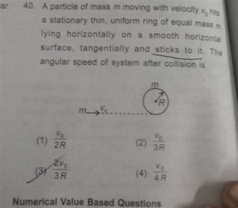 a particle of mass m moving with velocity v0 hits a stationary thin uni
