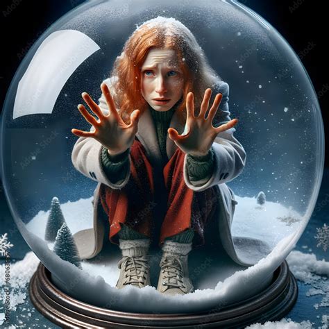 Scène Surréaliste Femme Rousse Enfermée Dans Une Boule à Neige Stock