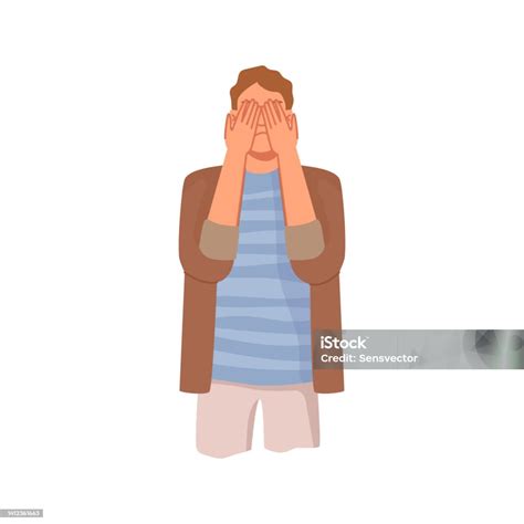 두 눈을 손바닥으로 막는 남자 실망하고 피곤한 남자가 얼굴손바닥 제스처를 보이는 손으로 눈을 가리고 있습니다 스트레스를 느끼거나 수치심을 느끼거나 두통을 앓고있는 사람 플랫