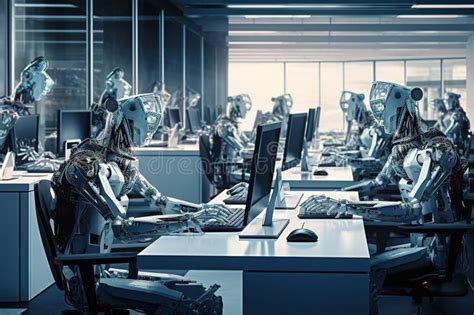 Ai Robots Using Multiple Computers Working Monitoring Data In Office Generative Ai Stock
