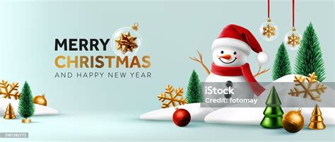 메리 크리스마스와 새해 복 많이 받으세요 눈사람 산타 모자 크리스마스 트리 황금 눈 조각 및 겨울 눈 배경에 황금 장식 축제 크리스마스 디자인 3차원 형태에 대한 스톡 벡터