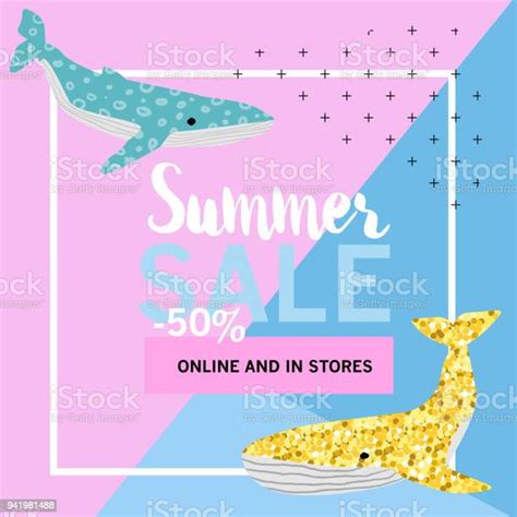 귀여운 고래 여름 세일 배너입니다 포스터 전단에 대 한 프로 모션 디자인 서식 파일입니다 여름 할인 배경 해양 테마입니다 벡터 일러스트 레이 션 가격에 대한 스톡 벡터 아트
