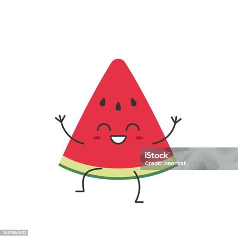 수박 신선한 육즙 슬라이스 인사말 캐릭터 만화 귀여운 웃는 얼굴 쾌활 카와이 기쁨 행복 한 감정 아이콘 벡터 일러스트 레이 션