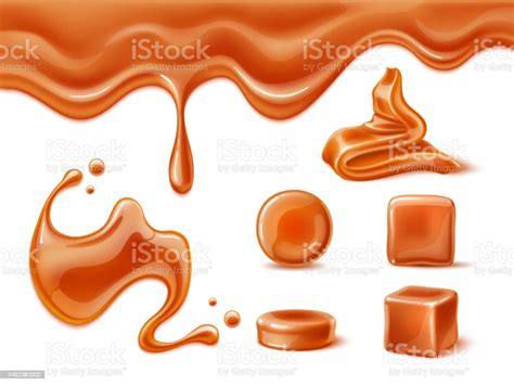 현실적인 카라멜 달콤한 디저트 구성 요소 우유 및 설탕 캔디 베이스 녹는 액체 유체 및 조각 3d 얼룩 및 웅덩이 원형 사탕 및 큐브 3d 격리 요소 발화 벡터 세트