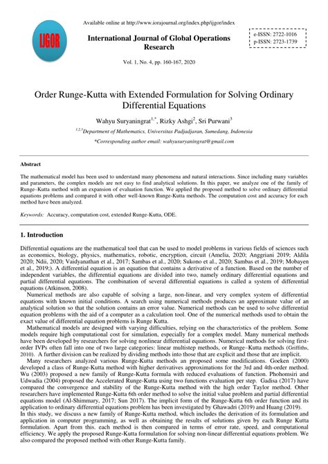 Pdf Order Runge Kutta With Extended Formulation For Solving Ordinary Differential Equations