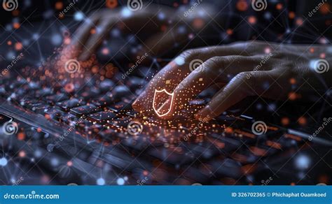Hands Typing On A Keyboard With Visual Representations Of Cybersecurity Concepts And Data