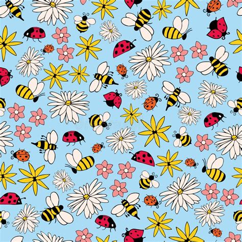 Light Blue Ladybugs And Bees Seamless Pattern Background Summer