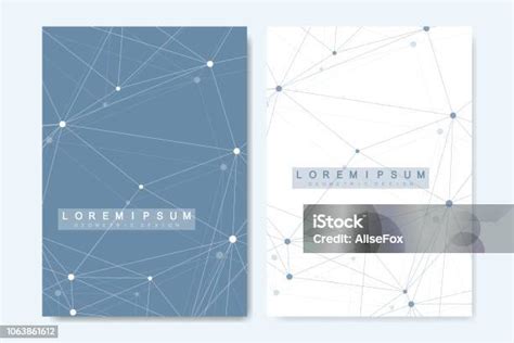 안내 책자 커버 배너 전단지 연례 보고서 전단지를 위한 현대 벡터 템플릿 추상 미술 구성 선과 점 들을 연결입니다 디지털 기술 과학 또는 의학 개념입니다 분자에 대한 스톡