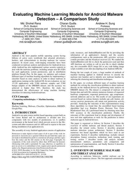 Pdf Evaluating Machine Learning Models For Android Malware Detection