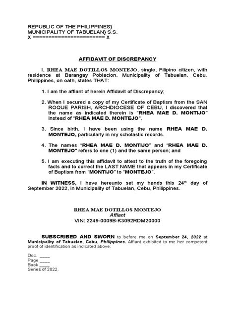 Affidavit Of Discrepancy Baptismal Certificate Doc Rhea Mae Pdf