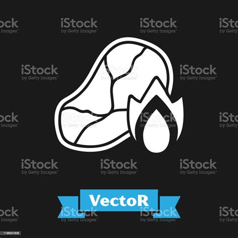 검은 배경에 고립 된 흰색 구운 스테이크 고기와 불꽃 아이콘 벡터 일러스트레이션 고기에 대한 스톡 벡터 아트 및 기타 이미지