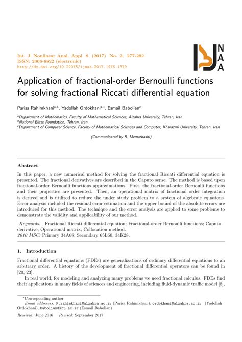 Pdf Application Of Fractional Order Bernoulli Functions For Solving Fractional Riccati