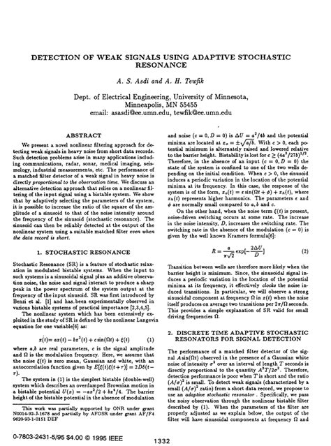 Pdf Detection Of Weak Signals Using Adaptive Stochastic Resonance