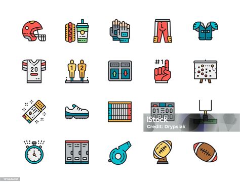 미식 축구 플랫 컬러 라인 아이콘의 집합입니다 게임 스코어 보드 패스트 푸드 스포츠 유니폼 헬멧 등 Championship에