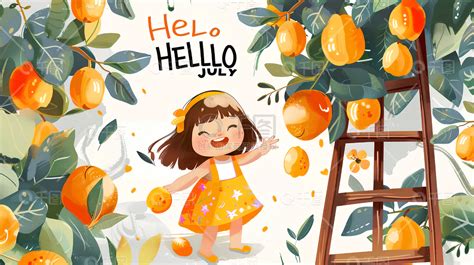 6月ai数字艺术 可爱小女孩踩着木梯摘枇杷你好七月海报 Ai平面元素免费下载png格式4368像素编号70745706 千图网